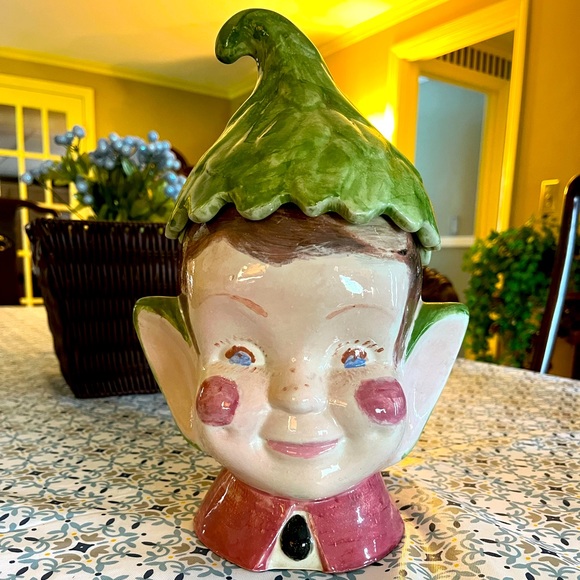 Kitchen | Vintage Pixie Elf Cookie Jar W Dimples Green Leaf Hat | Poshmark